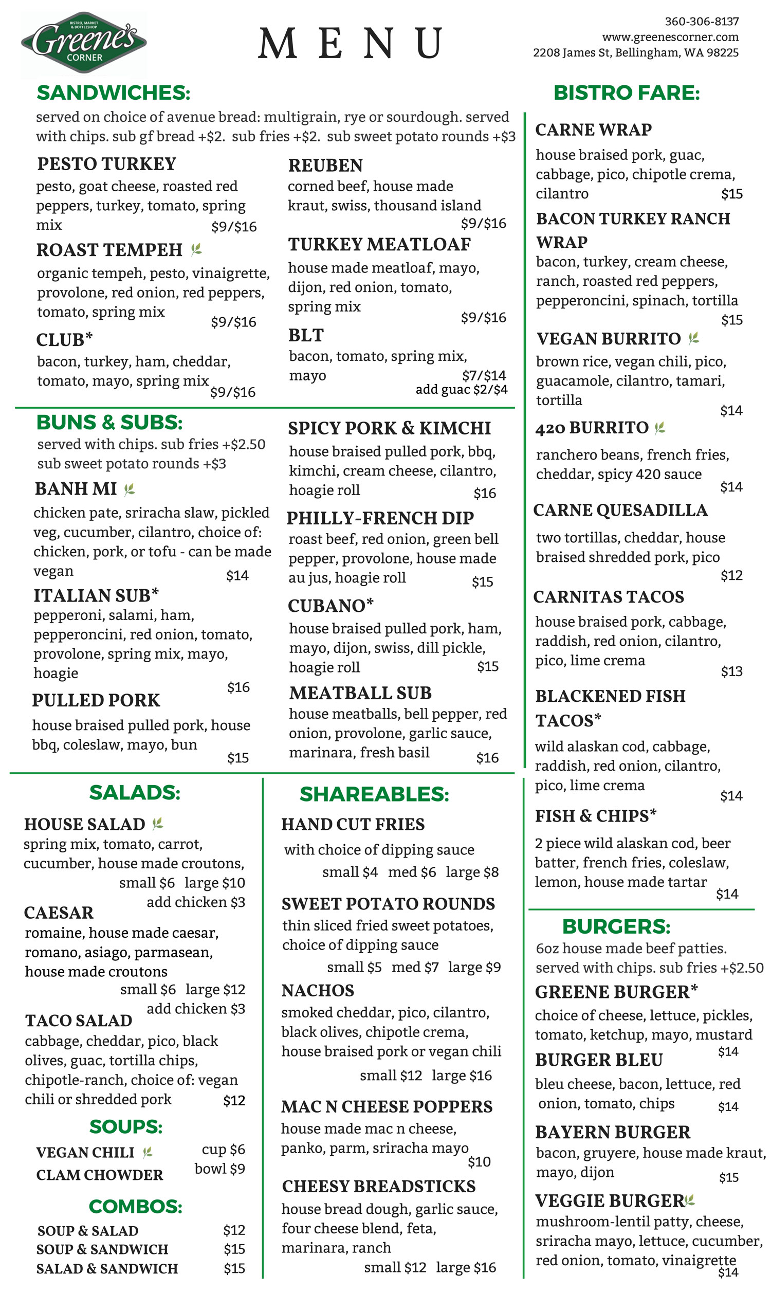 Sandwich Menu - Greene's Corner